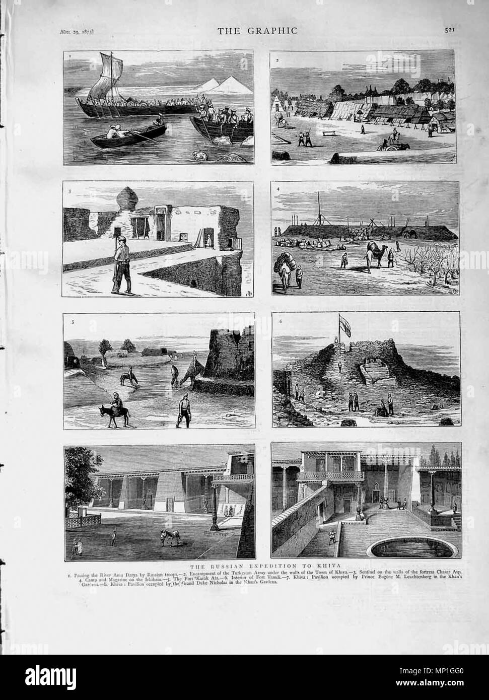 . Engraving from the The Graphic that shows scenes from the Khiva ...