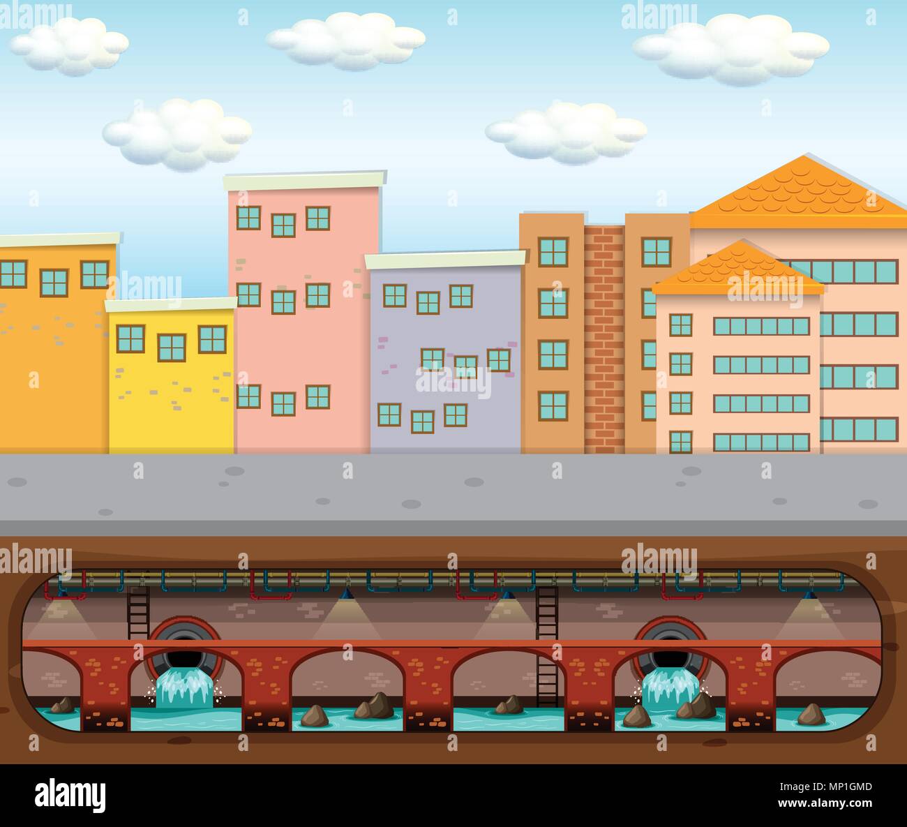 A Vector of Sewer Waste Under Big City illustration Stock Vector Image ...