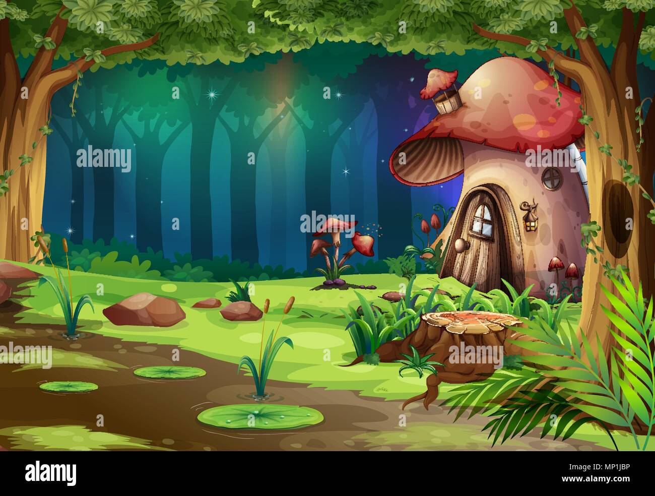 Mushroom House in the Dark Forest illustration Stock Vector Image & Art ...