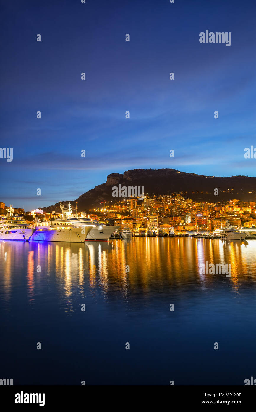 Principality of Monaco skyline at blue hour evening, city lights with ...