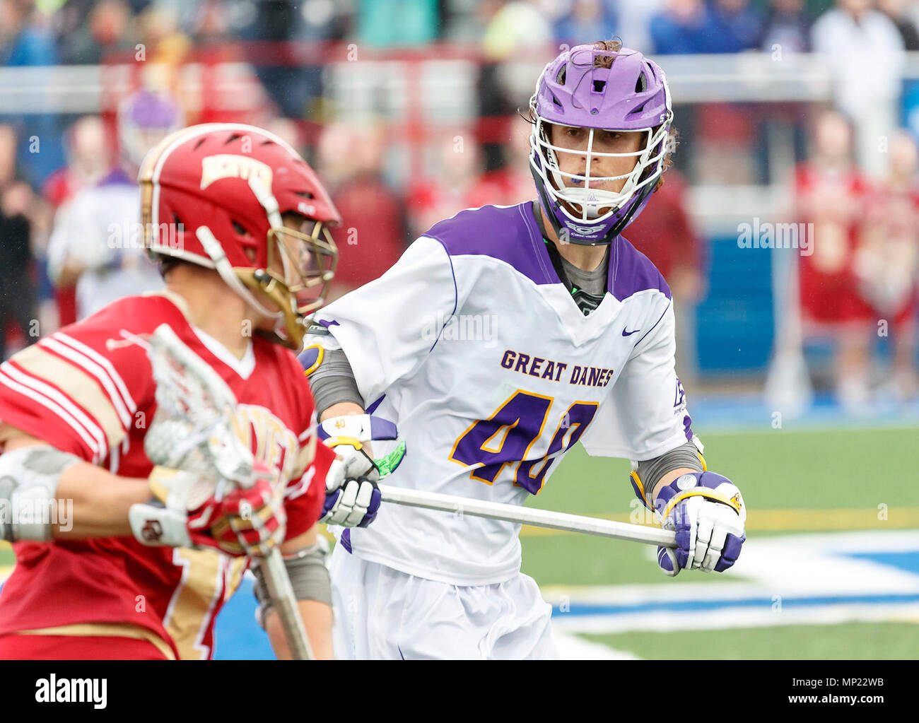 Uniondale, NY, USA. 19th May, 2018. Kyle McClancy (#40) defends as ...