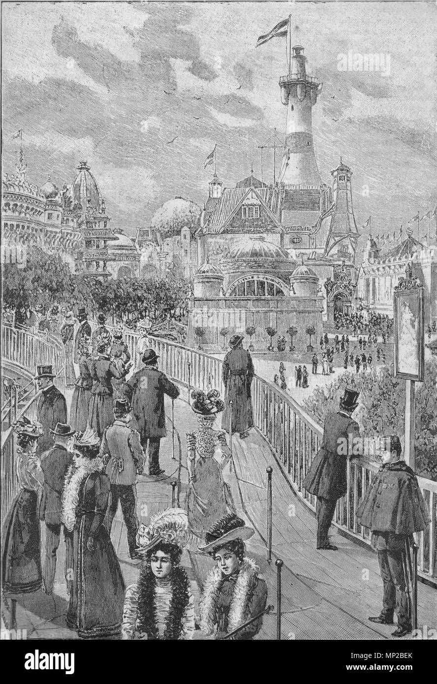 Universal exposition in Paris. Moving sidewalks. Vintage engraved ...