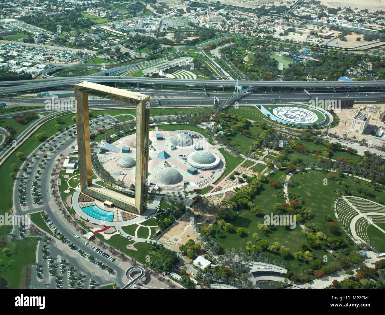 Dubai, UAE - May 18, 2018: Golden Dubai Frame viewed from above on a ...
