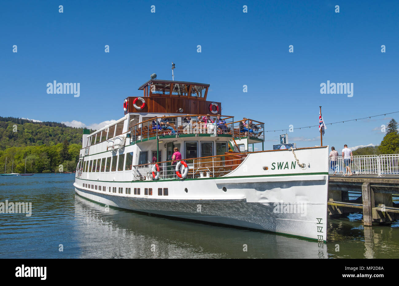 The Swan, pleasure boat, moored up at Bowness on Windermere in the Lake ...