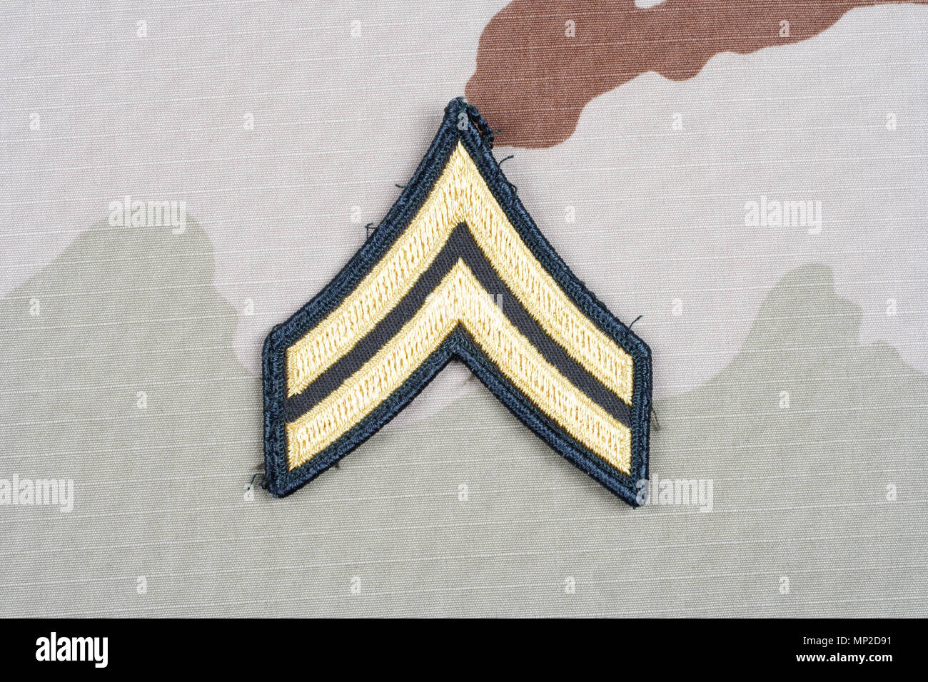 KIEV, UKRAINE - May 18, 2015. US ARMY Corporal rank patch on desert ...