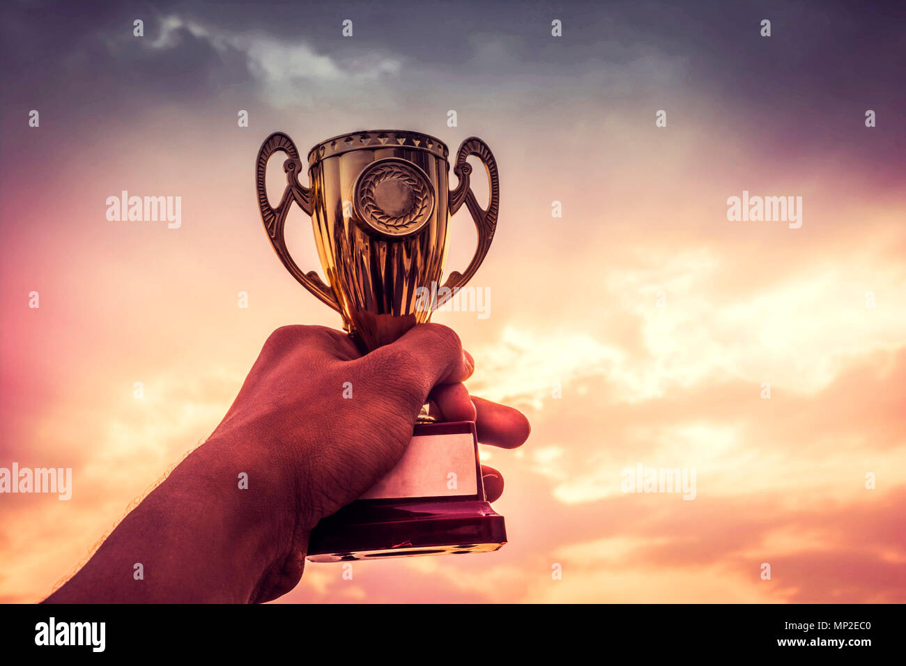Hand holding winner trophy Stock Photo - Alamy