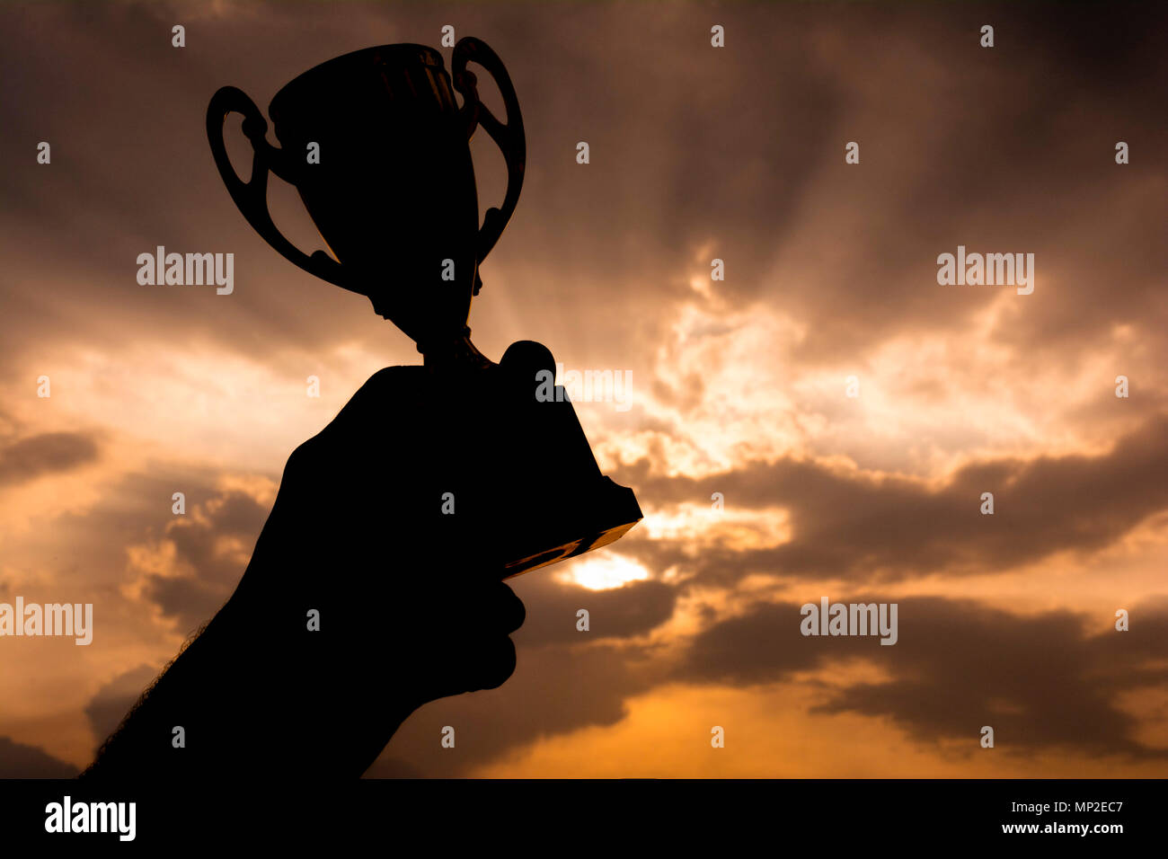 Hand holding winner trophy Stock Photo - Alamy
