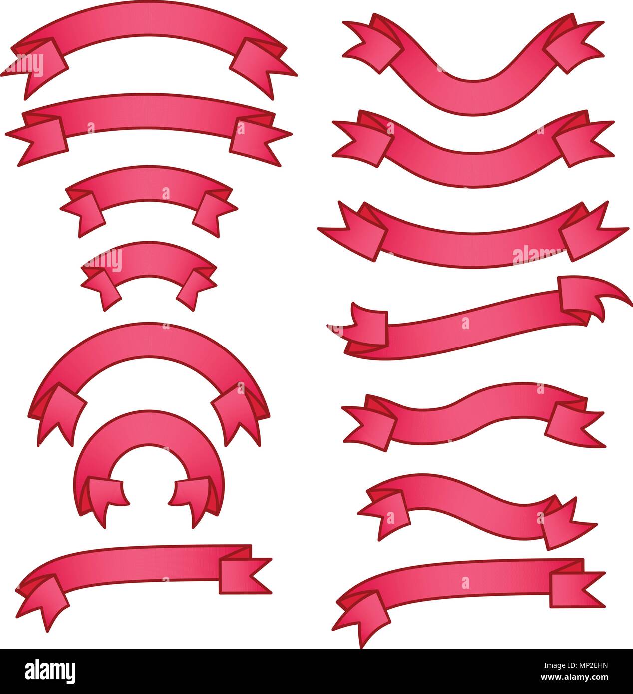 Set of bright pink different ribbons with gradient, red tape banner ...