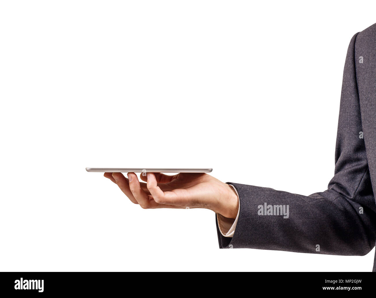 Businessman holds digital tablet. Isolated on white background Stock ...