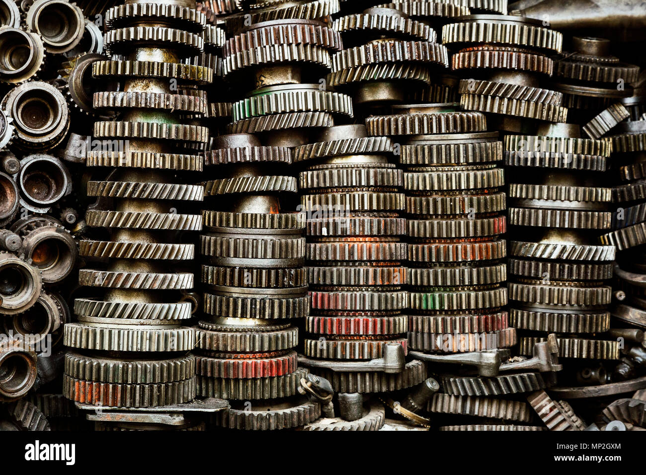 Stacks of colorful engine gears on a street in Bangkok, Thailand Stock ...