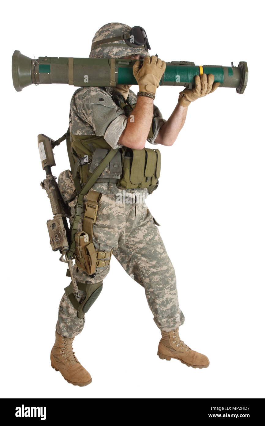 US ARMY soldier with AT rocket launcher isolated on white Stock Photo ...