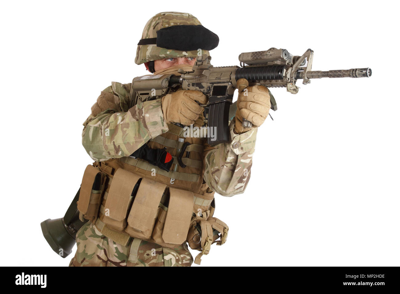 soldier with assault rifle on white background Stock Photo - Alamy