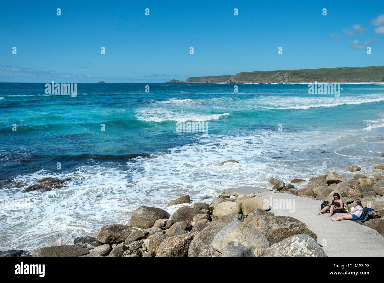 UK weather - beautiful sunny weather at Sennen Cove in Cornwall Stock ...