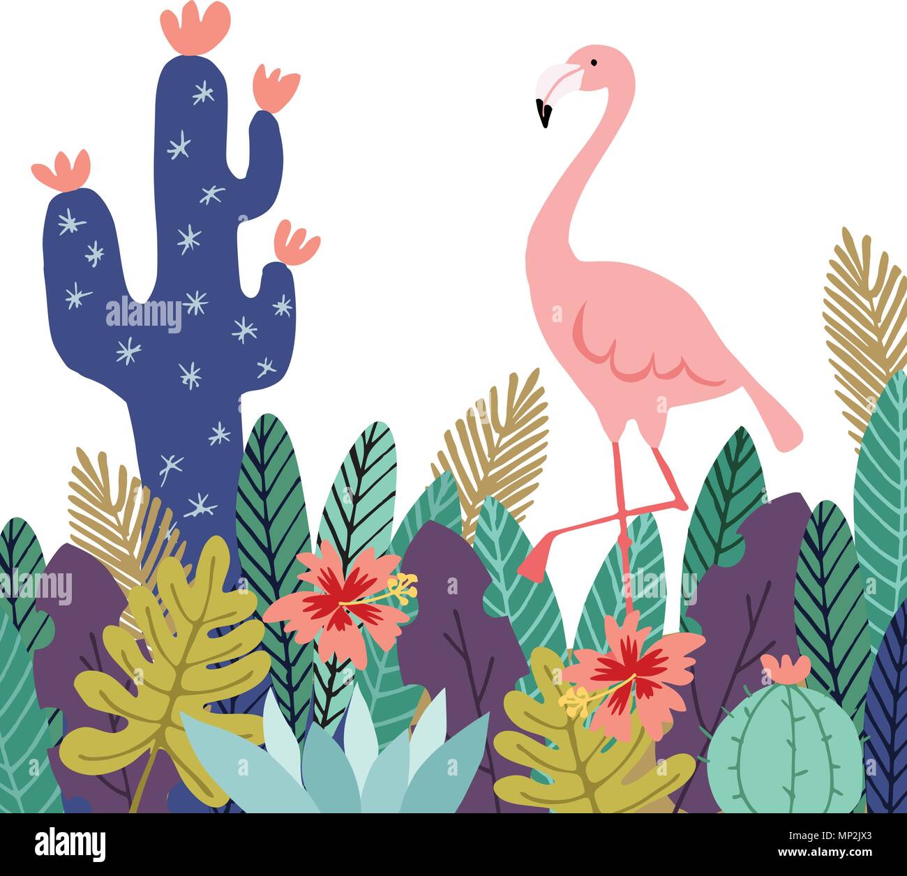 Summer tropical background, banner. Flamingo bird with cactuses ...