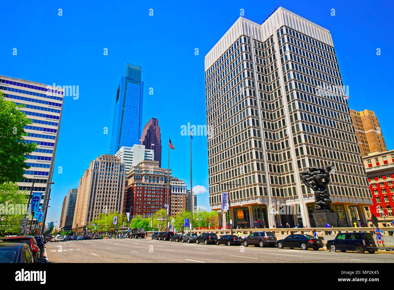 Philadelphia, USA - May 4, 2015: Street view to Penn Center and skyline ...