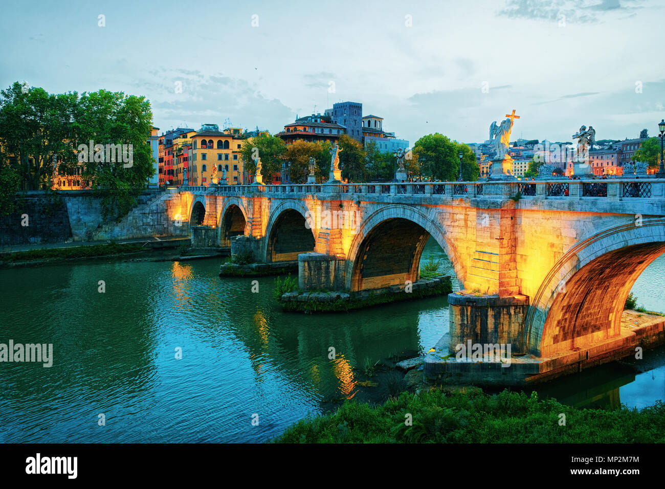 Ponte Sant Angelo Bridge over the Tiber River, in Rome in Italy. It is ...