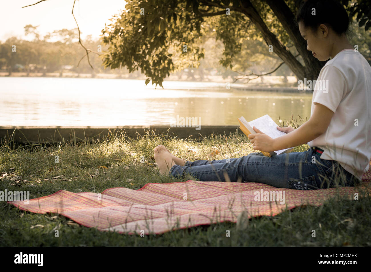 young women reading book in park, concept in knowledge and education ...