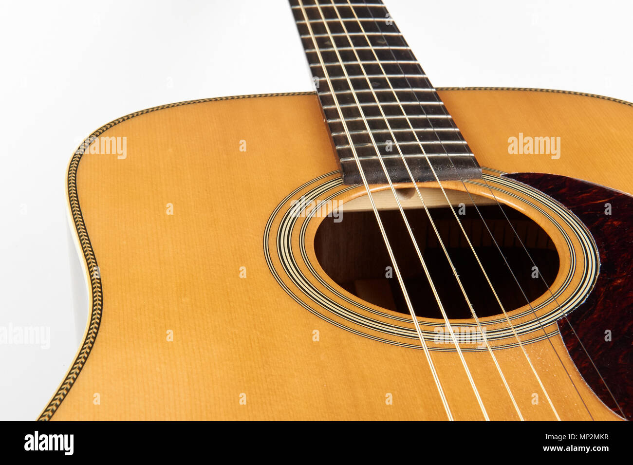 a detail of an acoustic guitar in white background Stock Photo - Alamy
