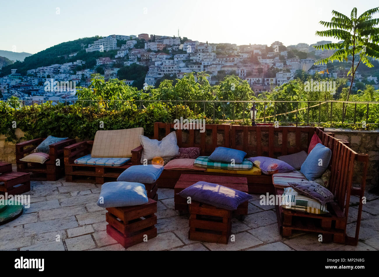Resting place in old town Stari Grad of Ulcinj, Montenegro Stock Photo ...