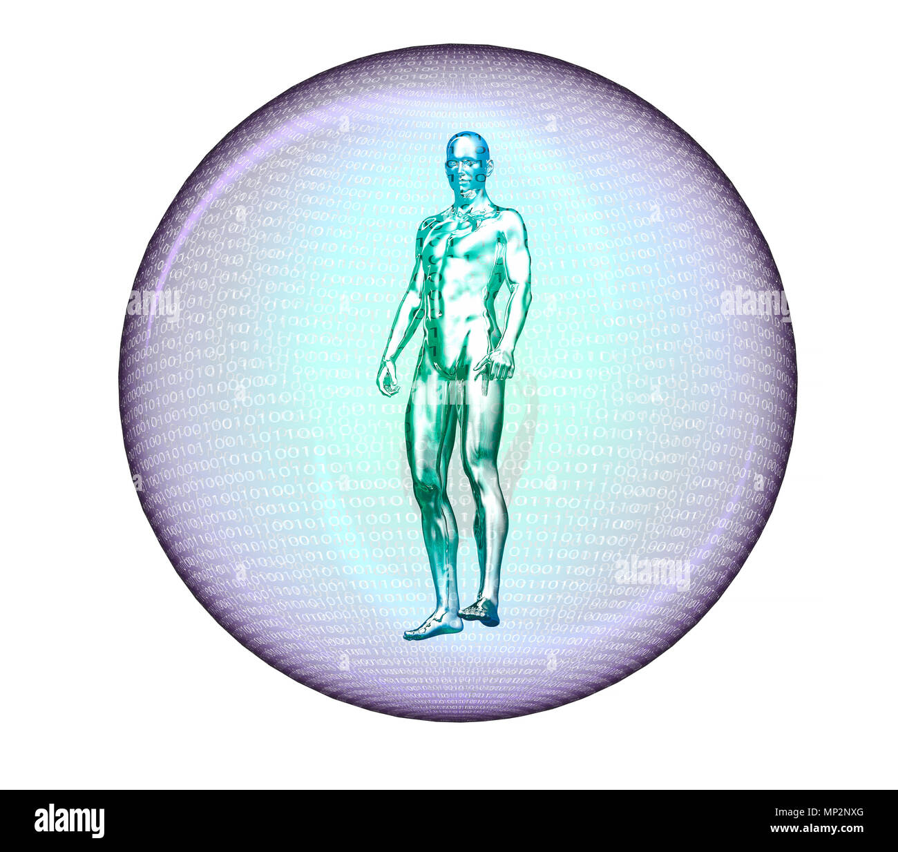 electronic man linside a computer bubble. ,clipping path, 3d ...