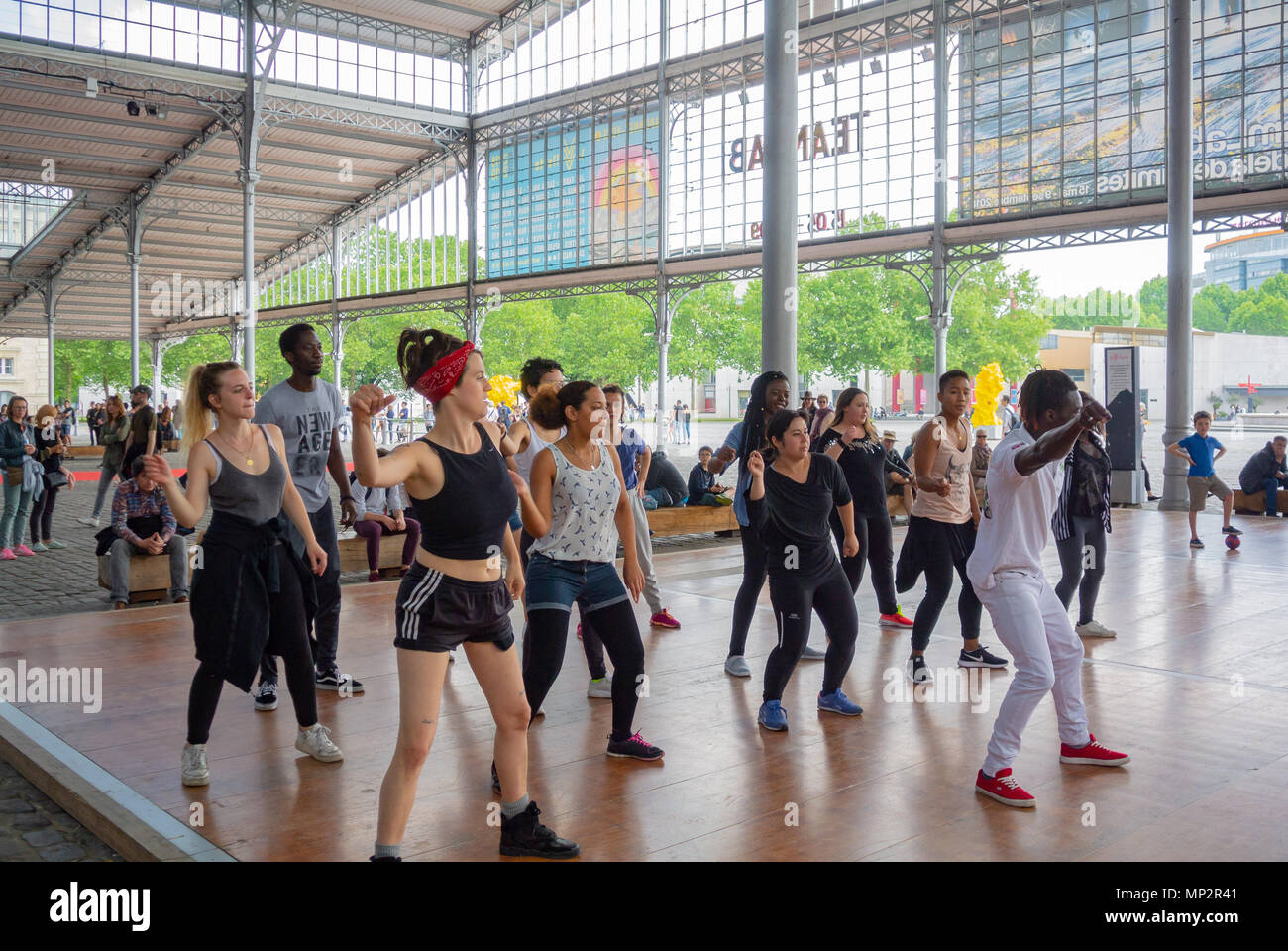Students with instructor at dancing lesson, La villette, paris, france ...