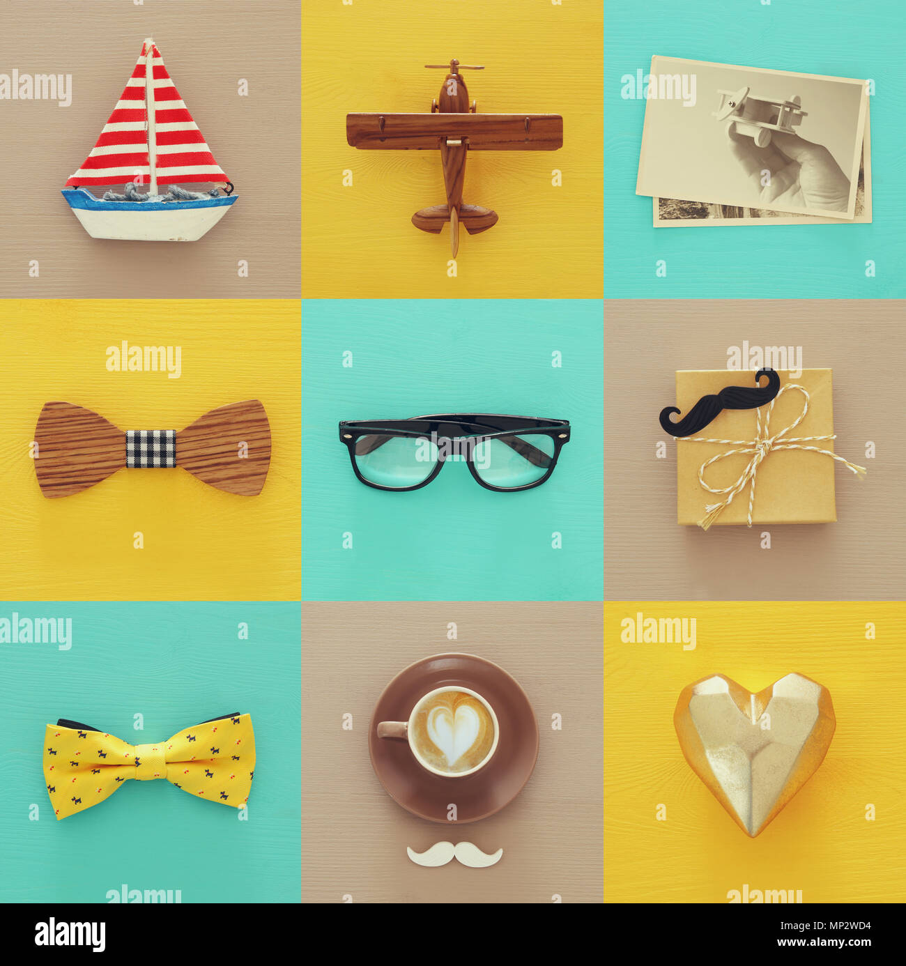 top view collage with man life style objects. Father's day concept ...