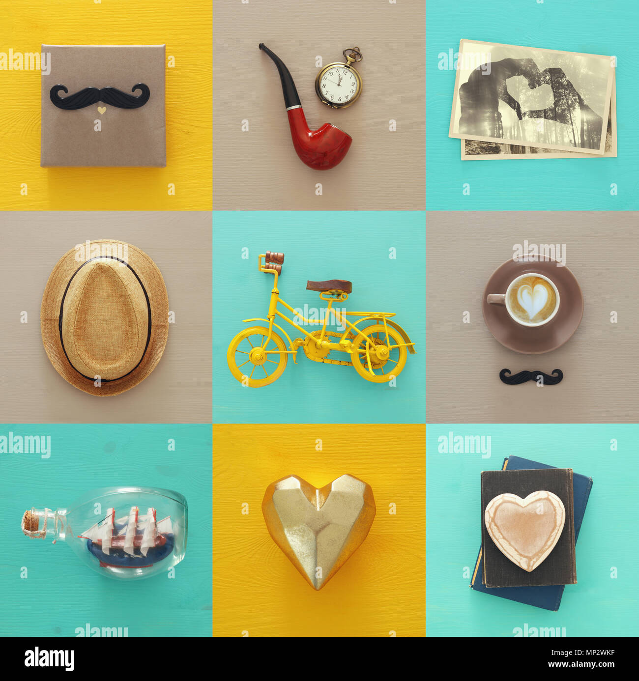 top view collage with man life style objects. Father's day concept ...