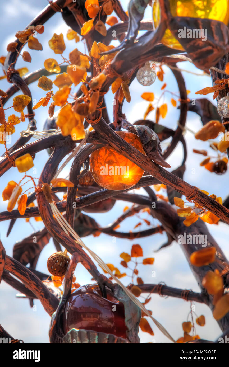 KALININGRAD, RUSSIA - April 29.2018: Amazing metal tree with amber ...