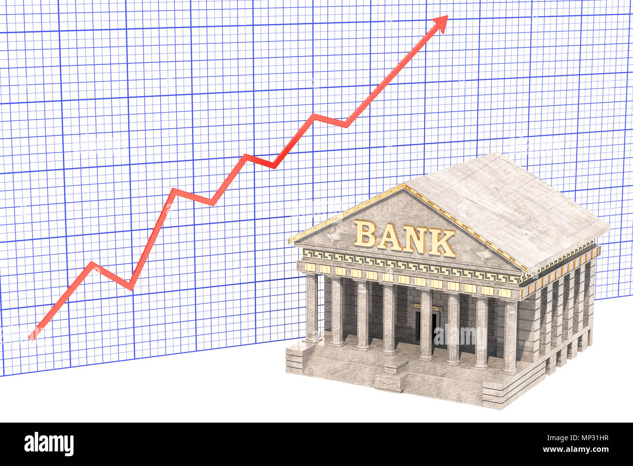 Analytical banking concept, bank building with growing chart. 3D ...