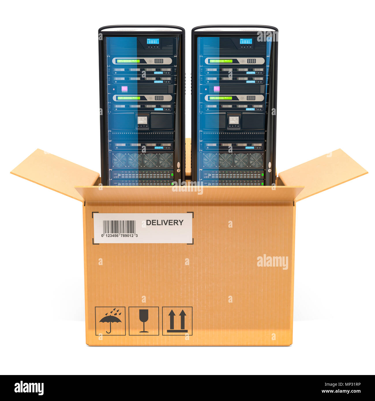Computer Server Racks inside parcel, delivery concept. 3D rendering ...