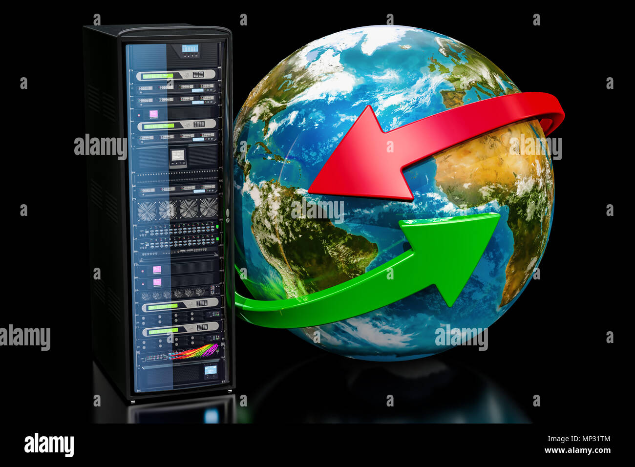 Earth Globe with server rack. Global network concept on black background, 3D rendering Stock ...
