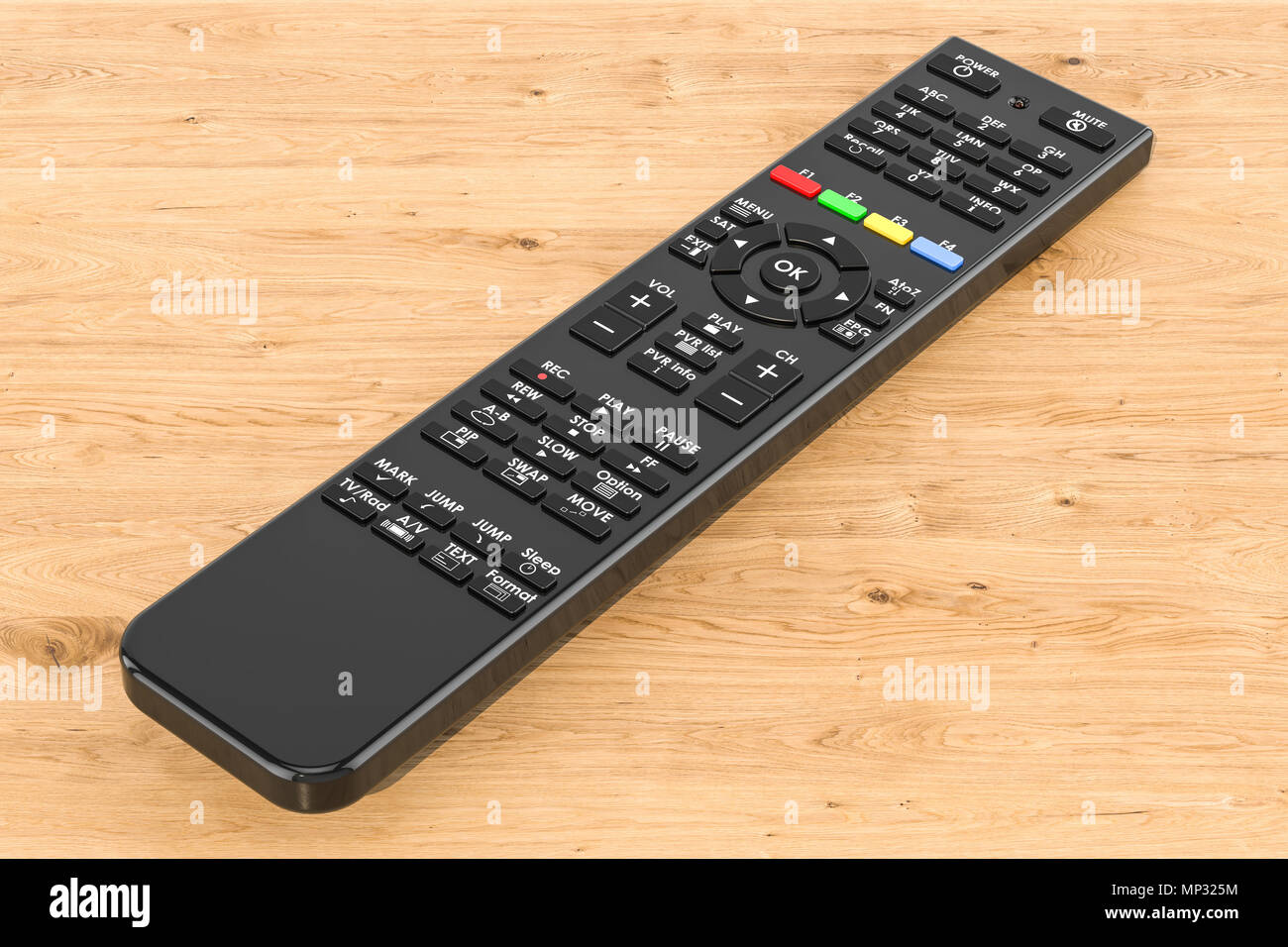 Remote control on the wooden table, 3D rendering Stock Photo - Alamy