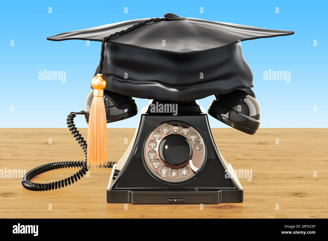 Retro phone with graduation cap on the wooden table, 3D rendering Stock ...