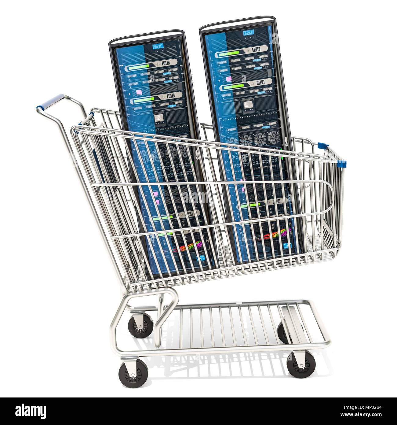 Shopping cart with computer server racks, 3D rendering isolated on ...