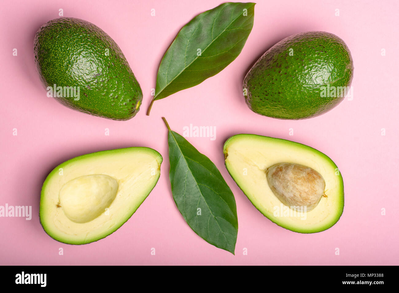 Fresh organic ripe green whole and sliced Fuerte avocado with leaves ...
