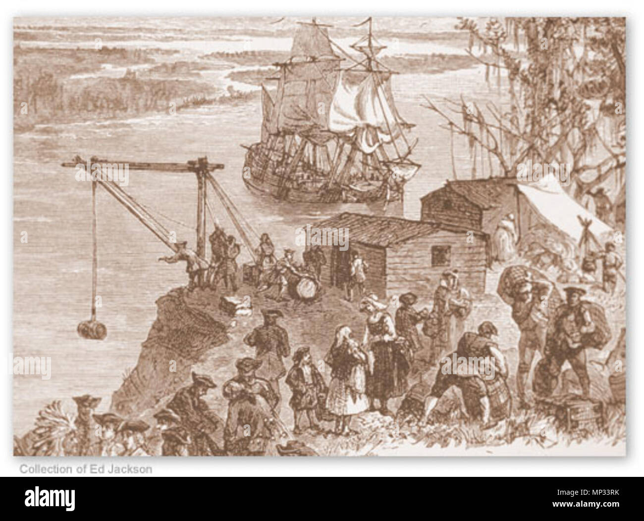 . English: Etching of the settling of Savannah, the unloading of the ...