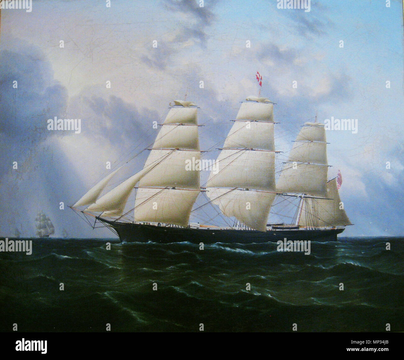 Sovereign of the Seas. a three-masted sailing ship under full sail, at ...