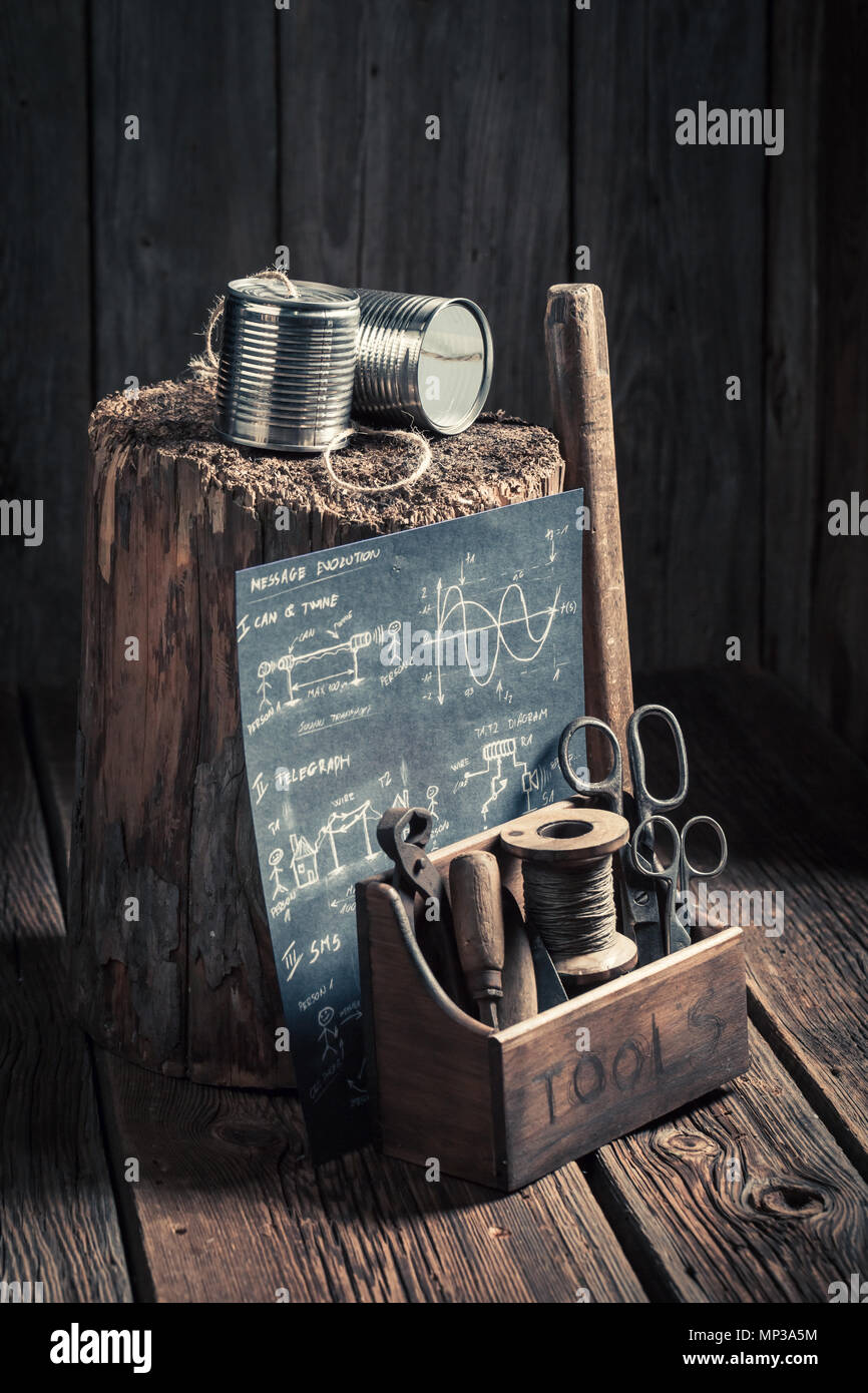 Retro analog telephone and tools in workshop Stock Photo - Alamy