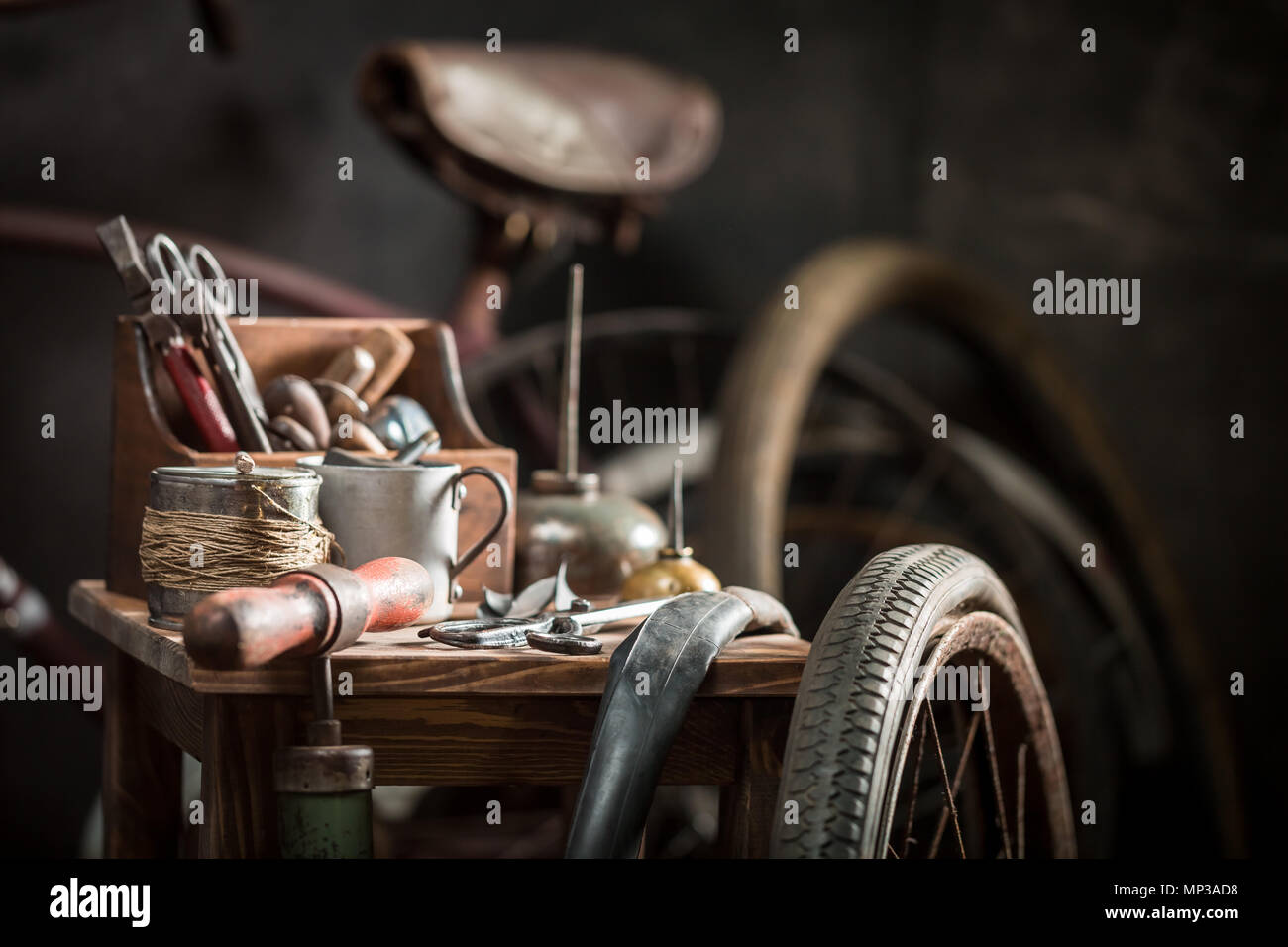Retro bike fix service with wheels, tools, and rubber patch Stock Photo ...