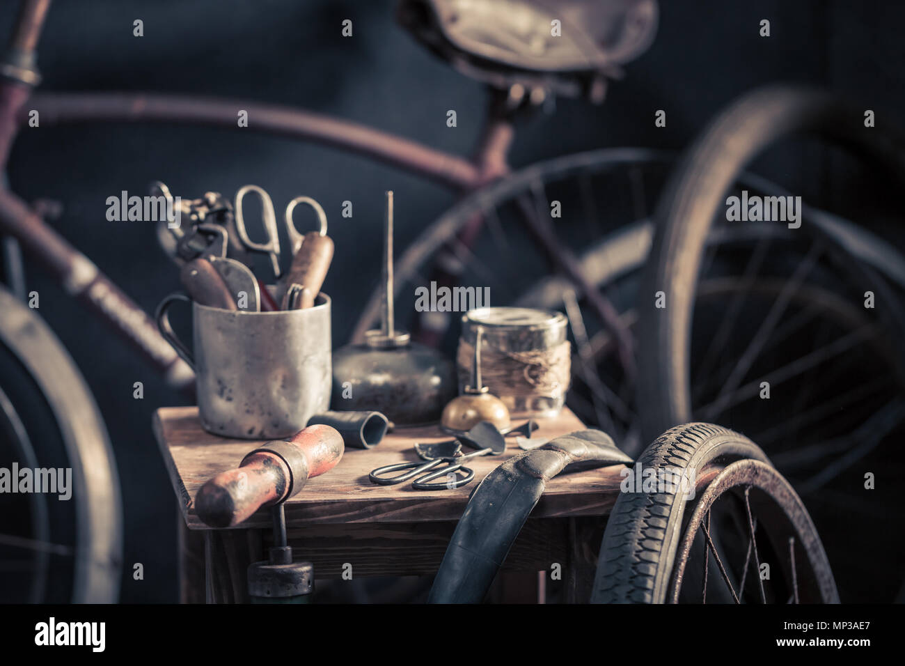 Closeup of bike fix service with wheels and tools Stock Photo - Alamy