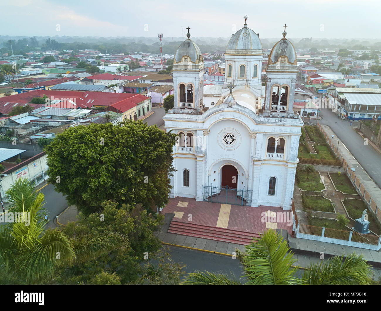Central park in Diriamba city aerial view. Central cathedral in ...