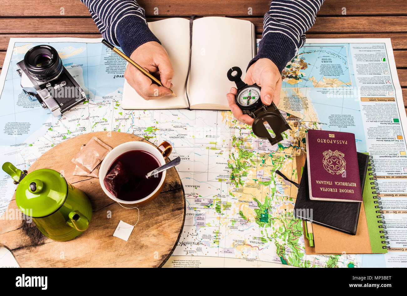 Man using compass on map hi-res stock photography and images - Alamy