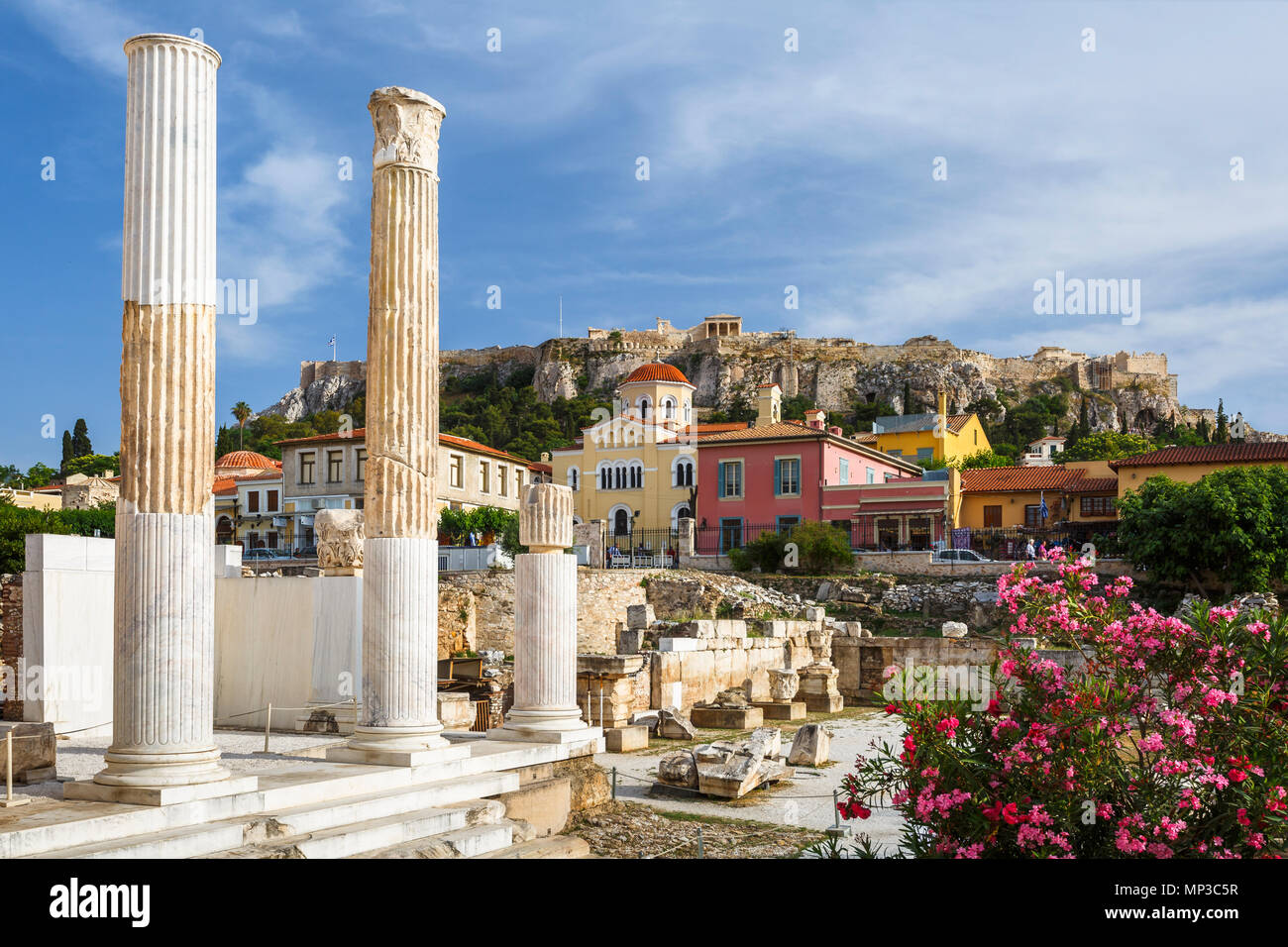 Remains of Hadrian's Library and Acropolis in the old town of Athens ...