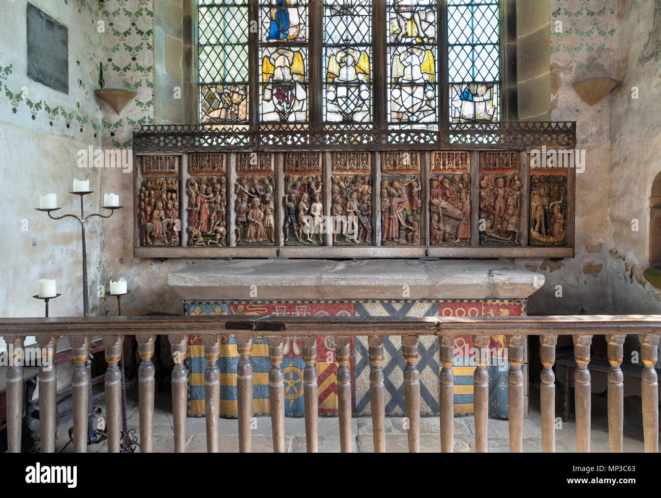 Alabaster reredos in the Chapel at Haddon Hall, near Bakewell ...