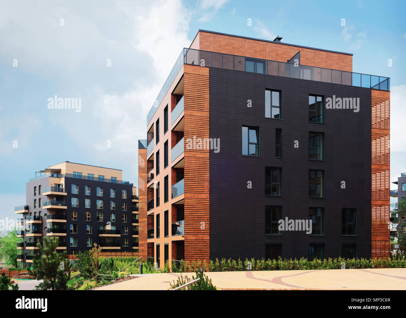 Modern architectural residential building quarters. And outdoor ...