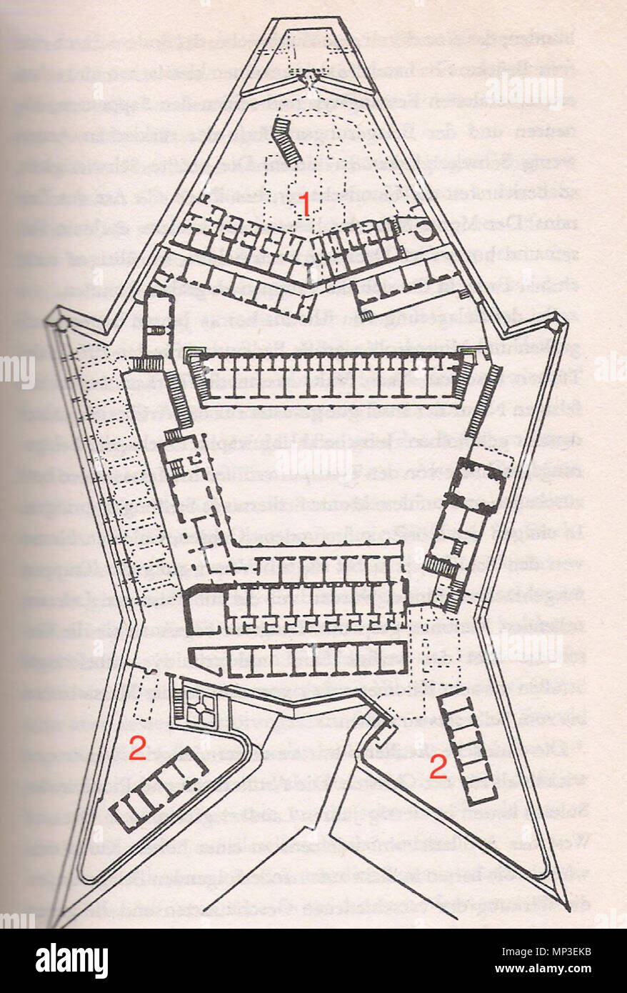 . English: Fort St. Elmo, Malta 1552. 1) Cavalier; 2) Bastion (Ravelin ...