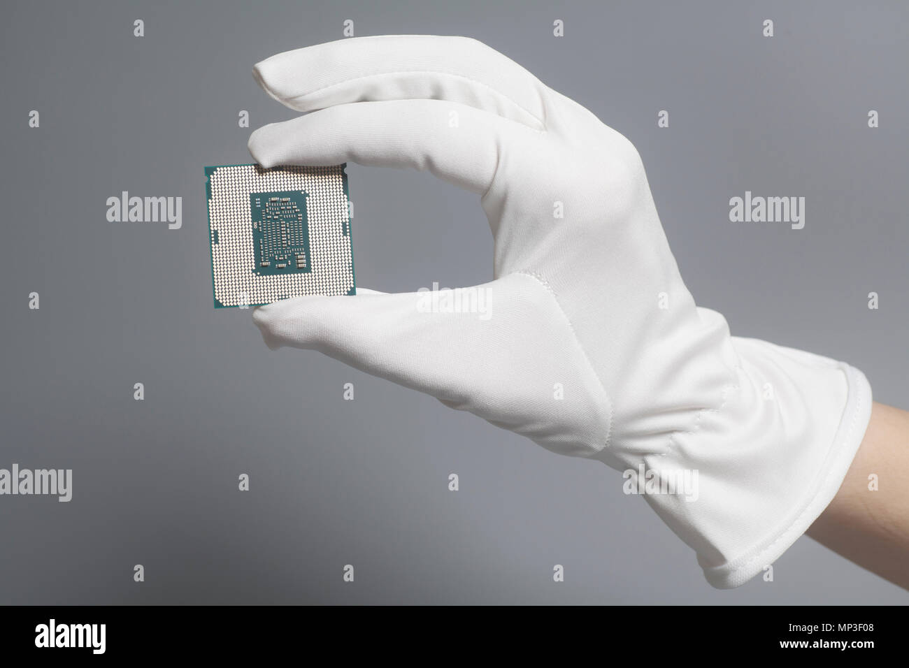 Hand in white glove holding a CPU computer processor microchip Stock ...