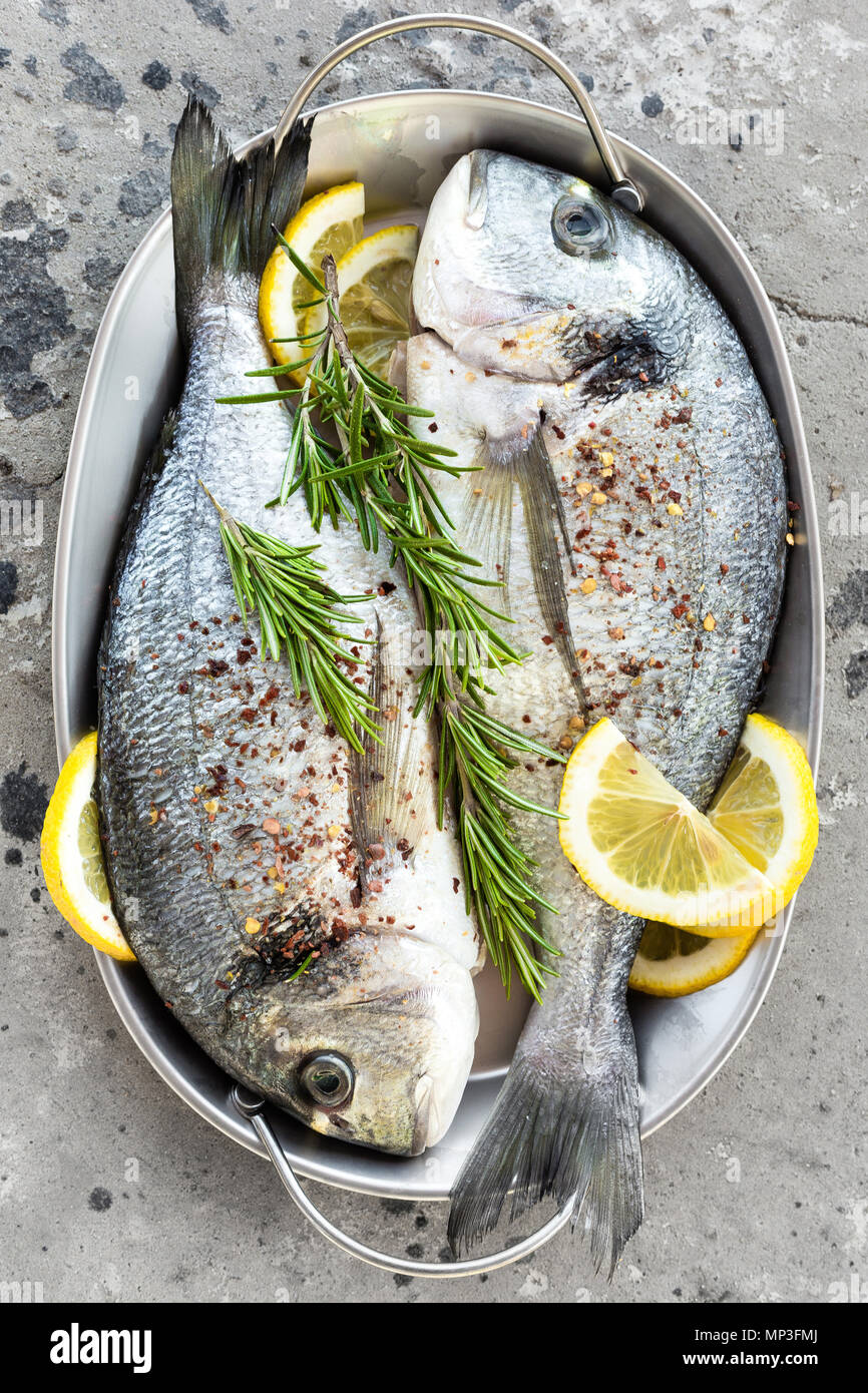 Fresh fish dorado. Raw dorado fish with lemon and rosemary. Sea bream ...