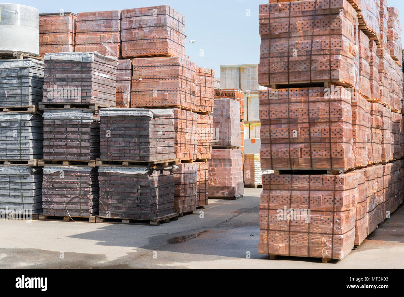 pallets with bricks in the building store. Racks with brick. Masonry ...