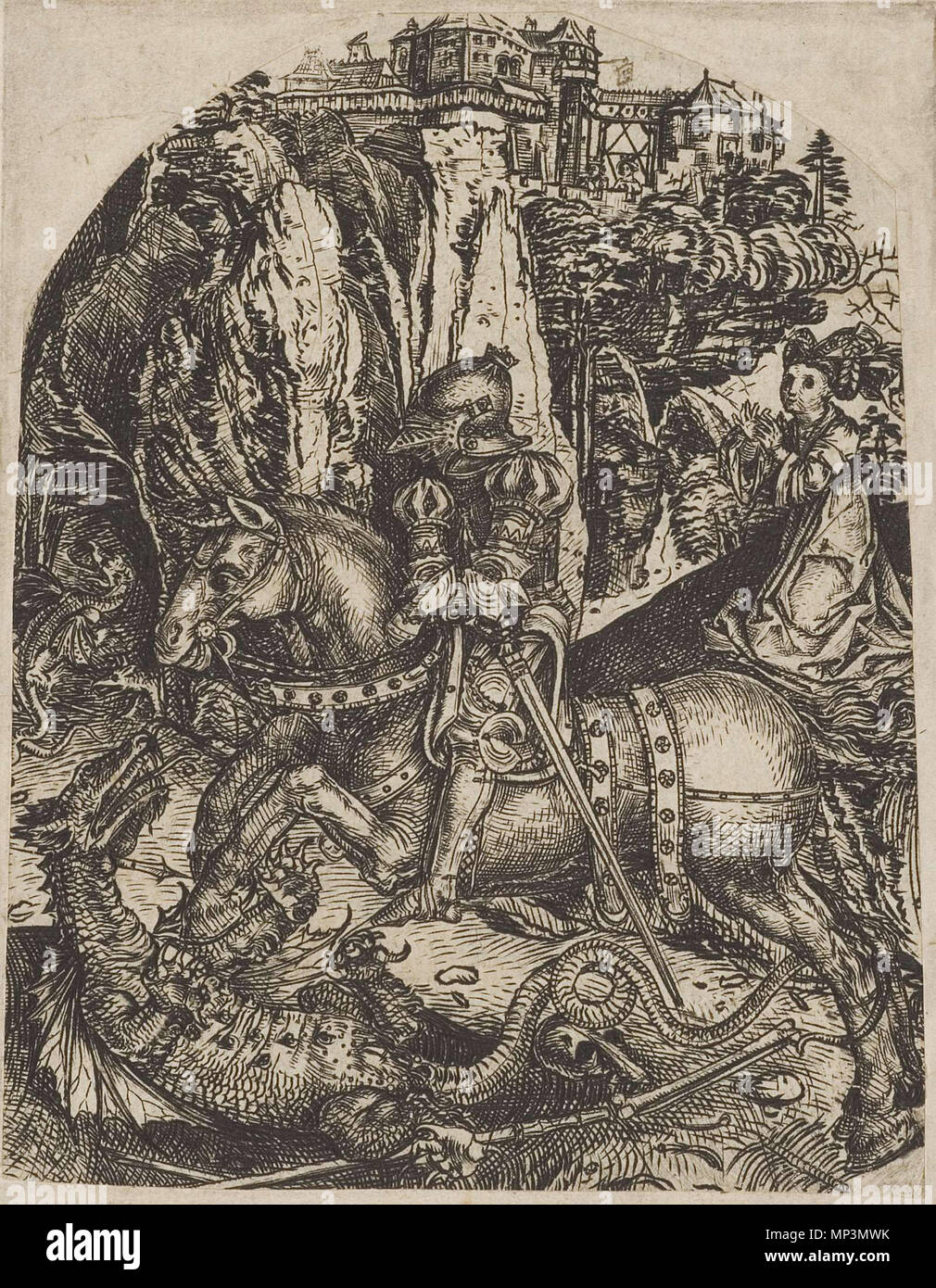 . St George and the Dragon, ca. 1500. Engraving. circa 1500. Master L ...